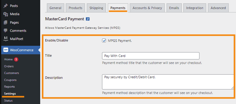 Integrate Mastercard Payment Gateway in WooCommerce