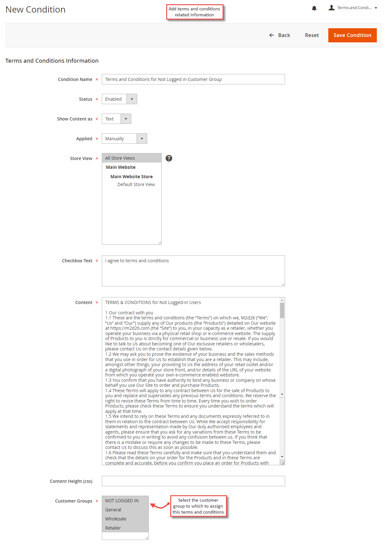 Magento 2 Terms and Conditions by Customer Group | Meetanshi Docs
