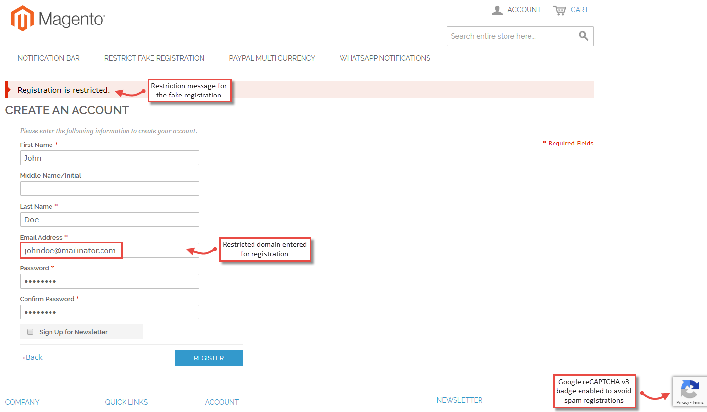 Magento Restrict Fake Registration | Meetanshi Docs