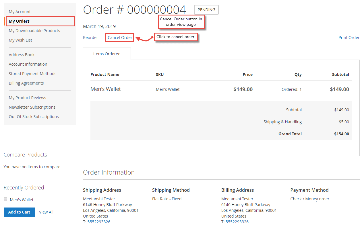 Magento 2 Cancel Order Extension, Cancel Order Frontend