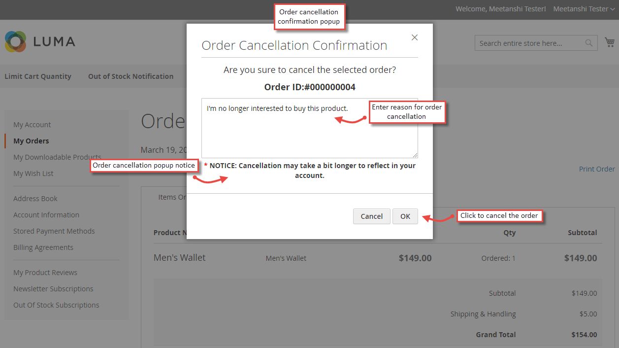 Magento 2 Cancel Order Extension, Cancel Order Frontend